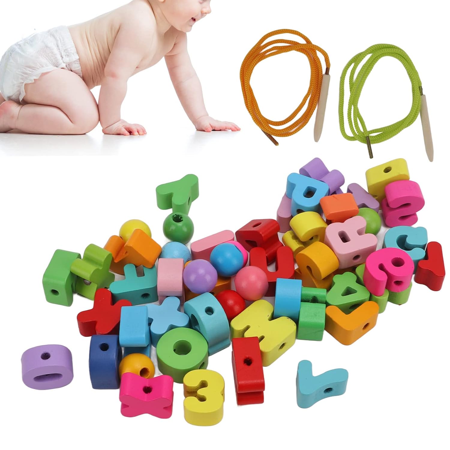 Agatige 51Pcs Alphabet Lacing Beads, Wooden Lacing Beads with Strings ...