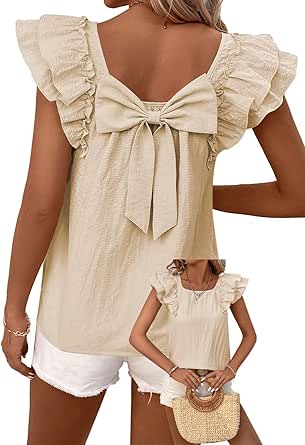 Falechay Womens Bow Tie Back Tops Round Neck Ruffle Short Sleeve Shirts ...