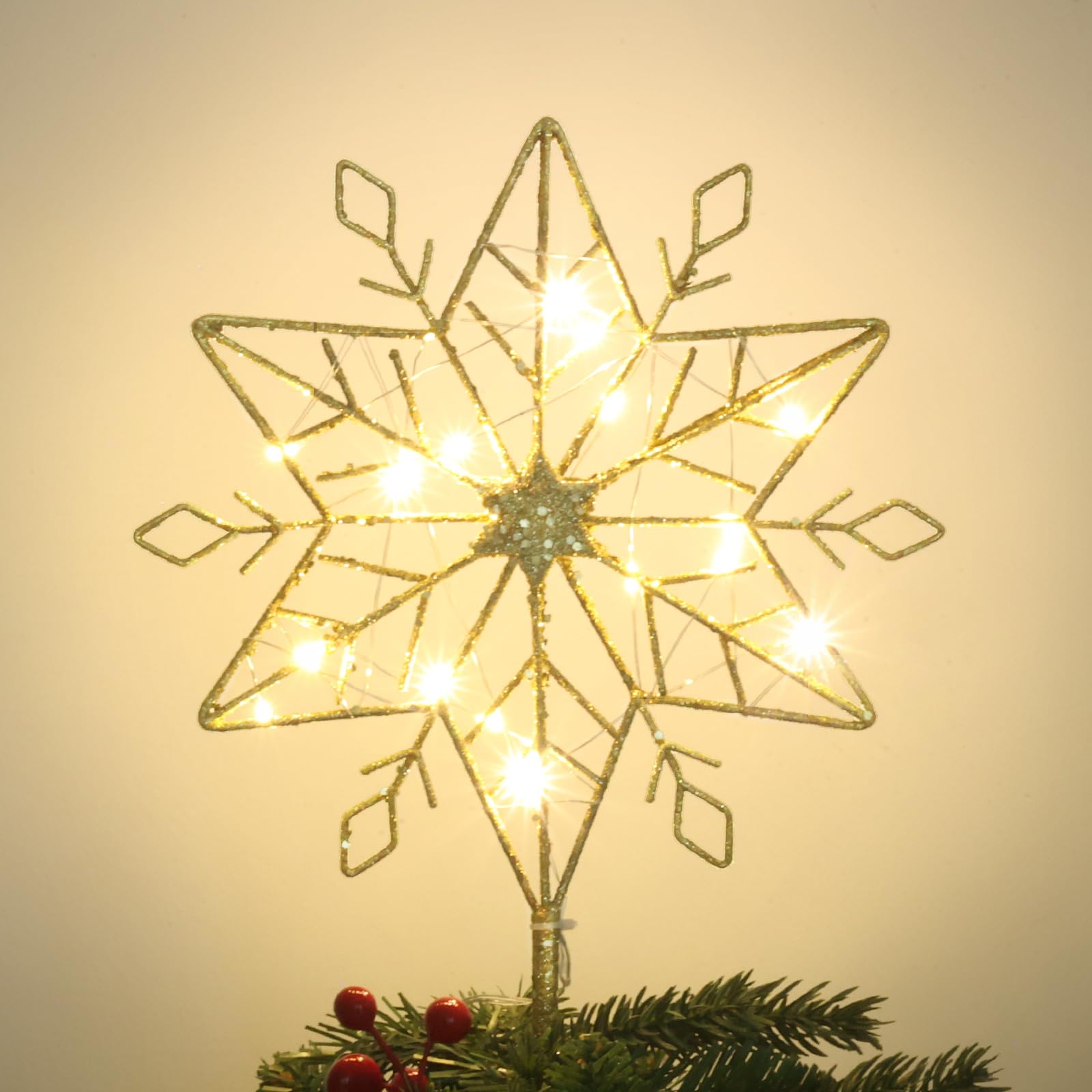 Amazon.com: Christmas Tree Topper, PHITRIC 10 Inches Lighted Gold Snow ...