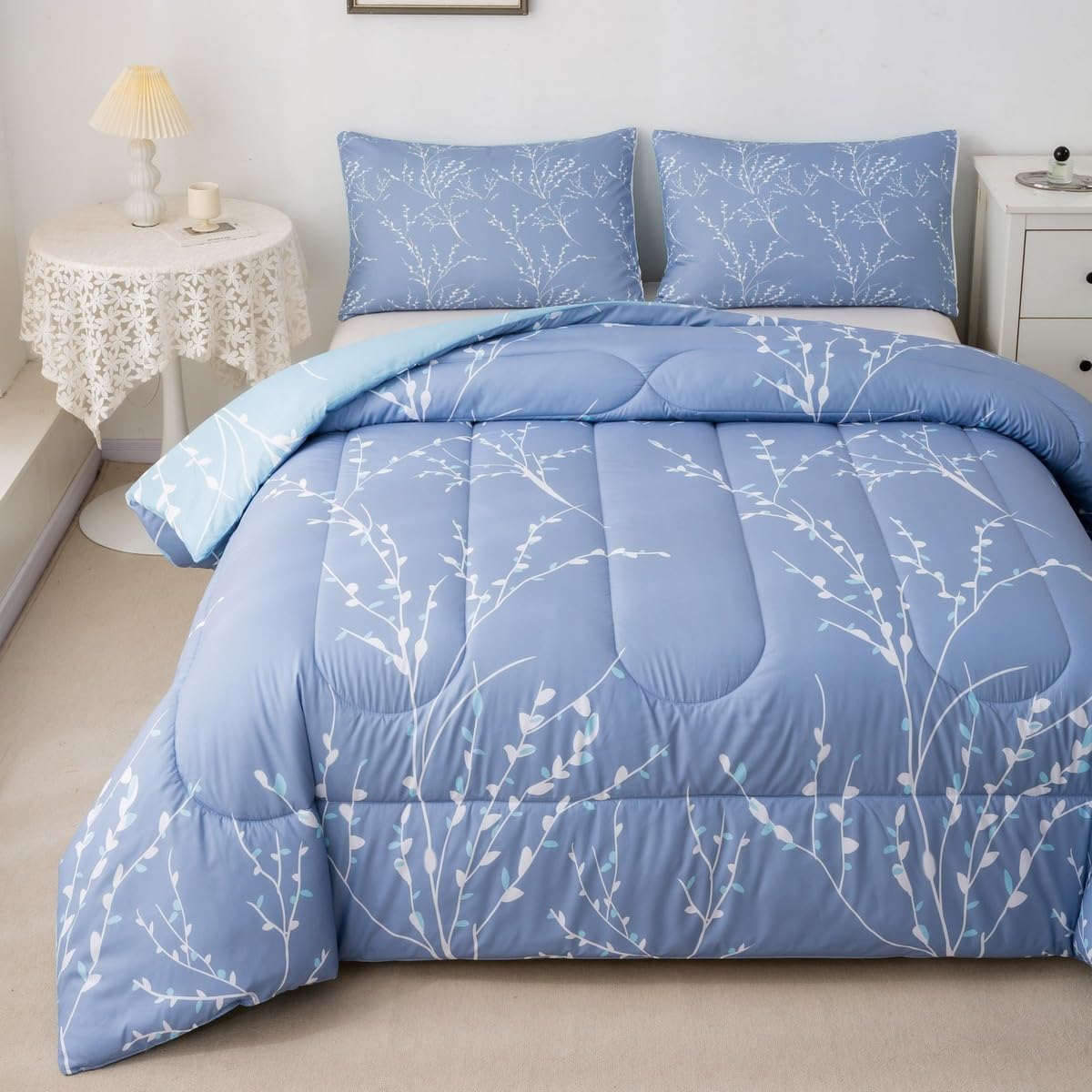 Amazon.com: Grey Blue Gray Bedding Set Full Size Reversible Flower Plum ...
