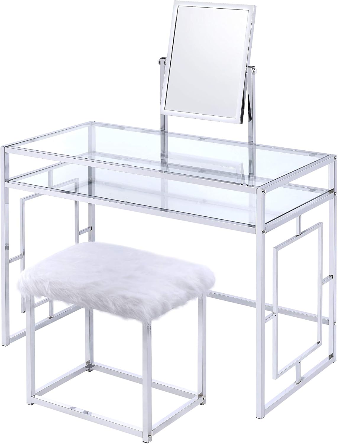 Amazon.com: Benjara Glass and Metal Vanity Set With Faux Fur Stool ...