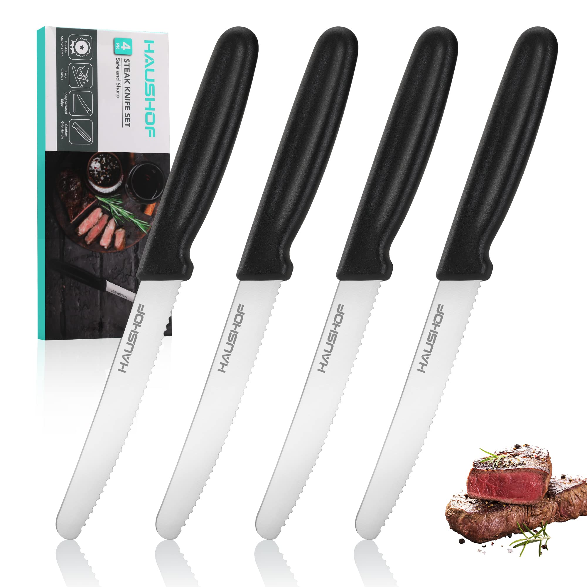 HAUSHOF Steak Knives Set of 4, Sharp Serrated Steak Knives, Premium ...