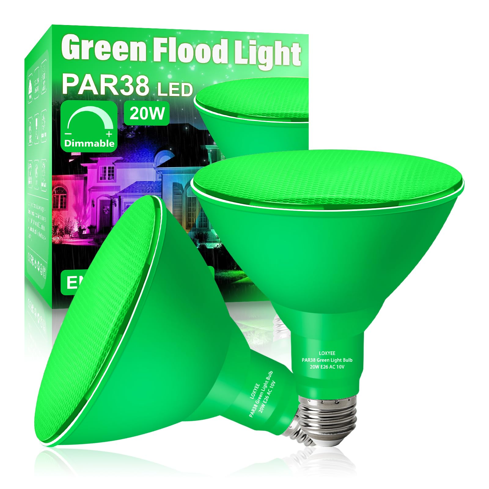 LOXYEE PAR38 Flood Green Light Bulb,2 Pack-Dimmable,E26 Base Green ...