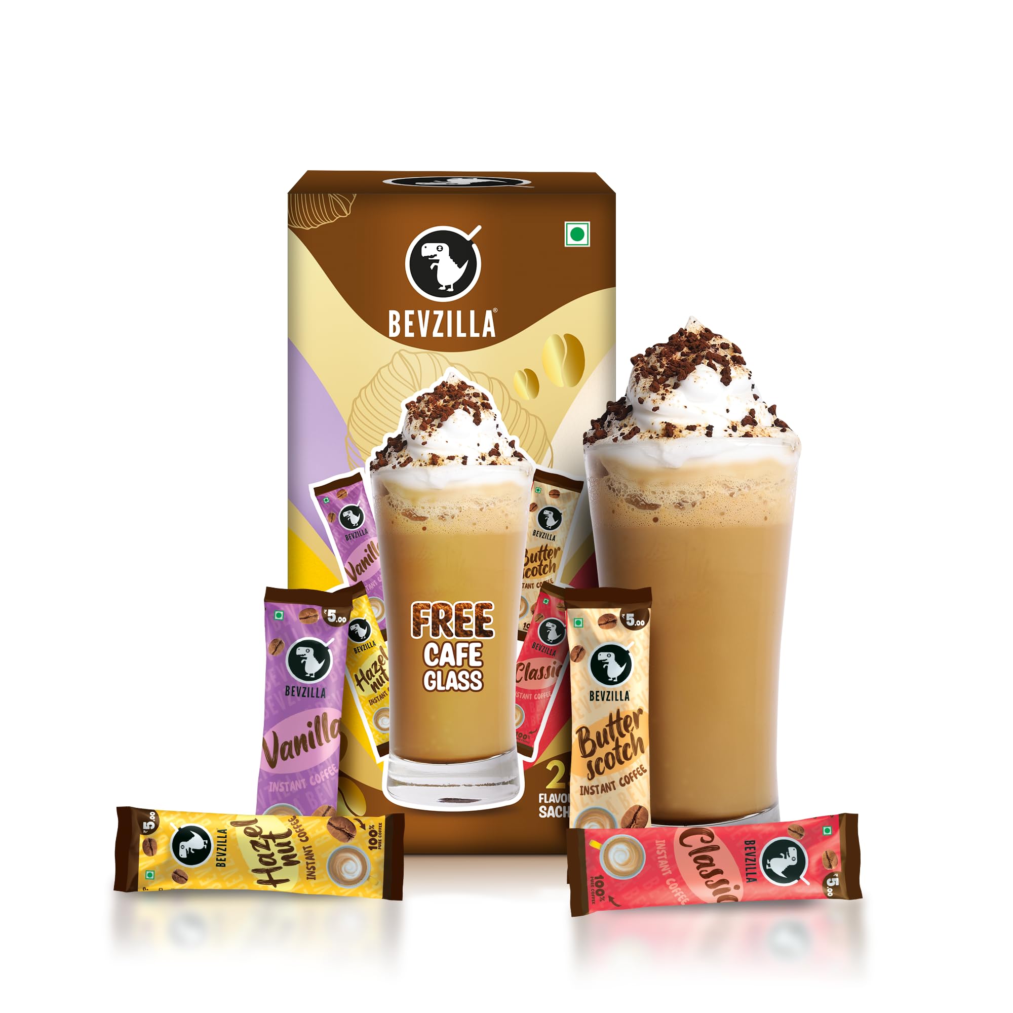 Bevzilla Premium Glass & 25 Flavoured Coffee Sachets Box |Makes 25 Cups ...