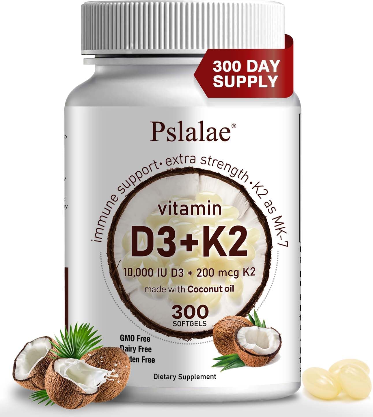 Amazon.com: Pslalae 2-in-1 Vitamin D3 K2 Supplement Coconut Oil Softgels, 10000 IU D3 & 200 MCG ...