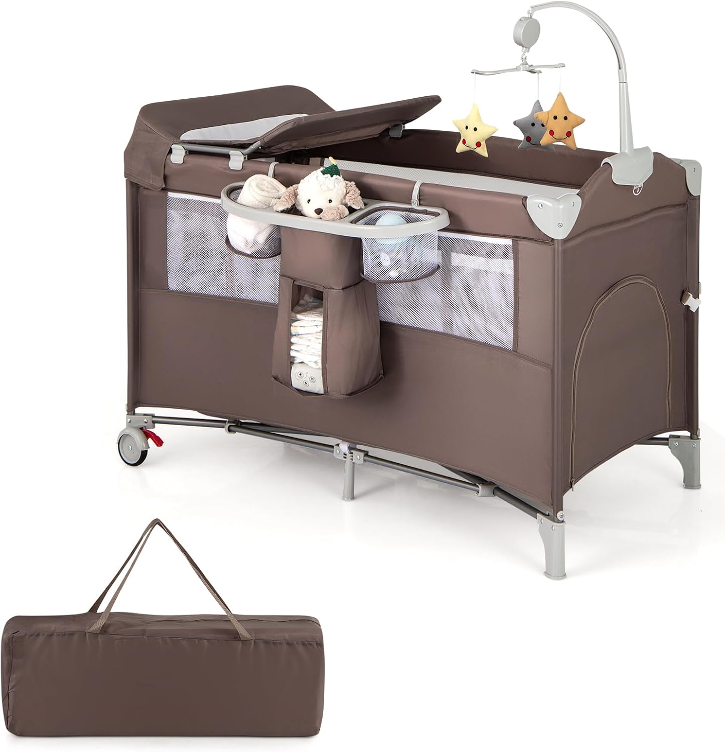 COSTWAY 5 in 1 Travel Cot, Folding Baby Playard with Bassinet, Mattress ...