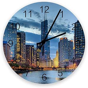 Amazon.com: Round Wall Clock 12 Inch Chicago Illinois USA Clocks Easy ...