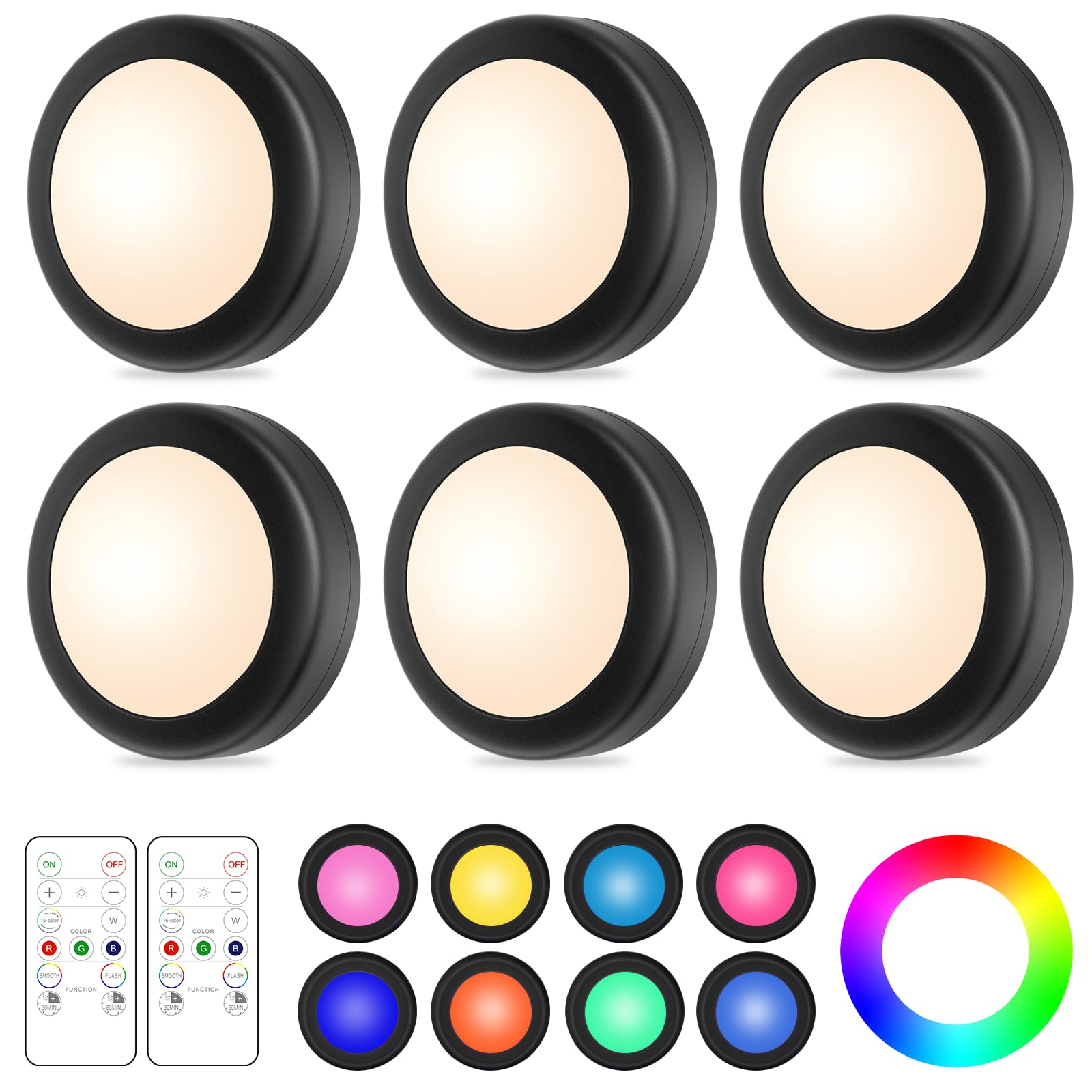 Yiliaw 6 Pack LED Puck Lights Remote Control 16 Color Changeable Under ...