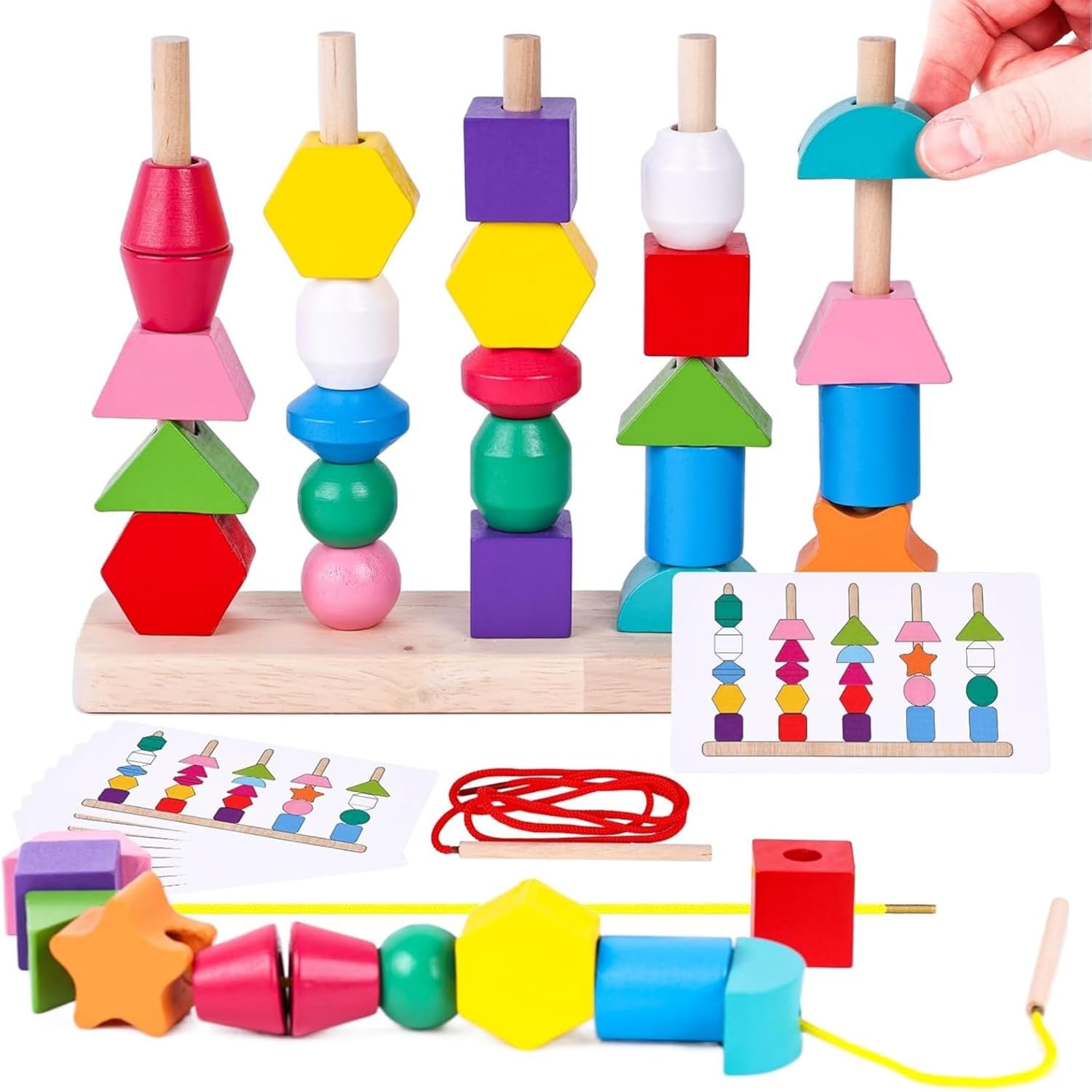 Montessori Beads Sequencing Toy Set, Wooden Stacking Blocks and Lacing ...
