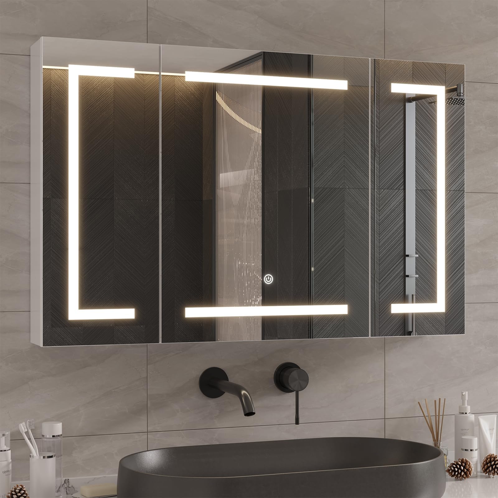 Armoire de Salle de Bain Avec Miroir LED, 3 Portes, 5 Étagères ...