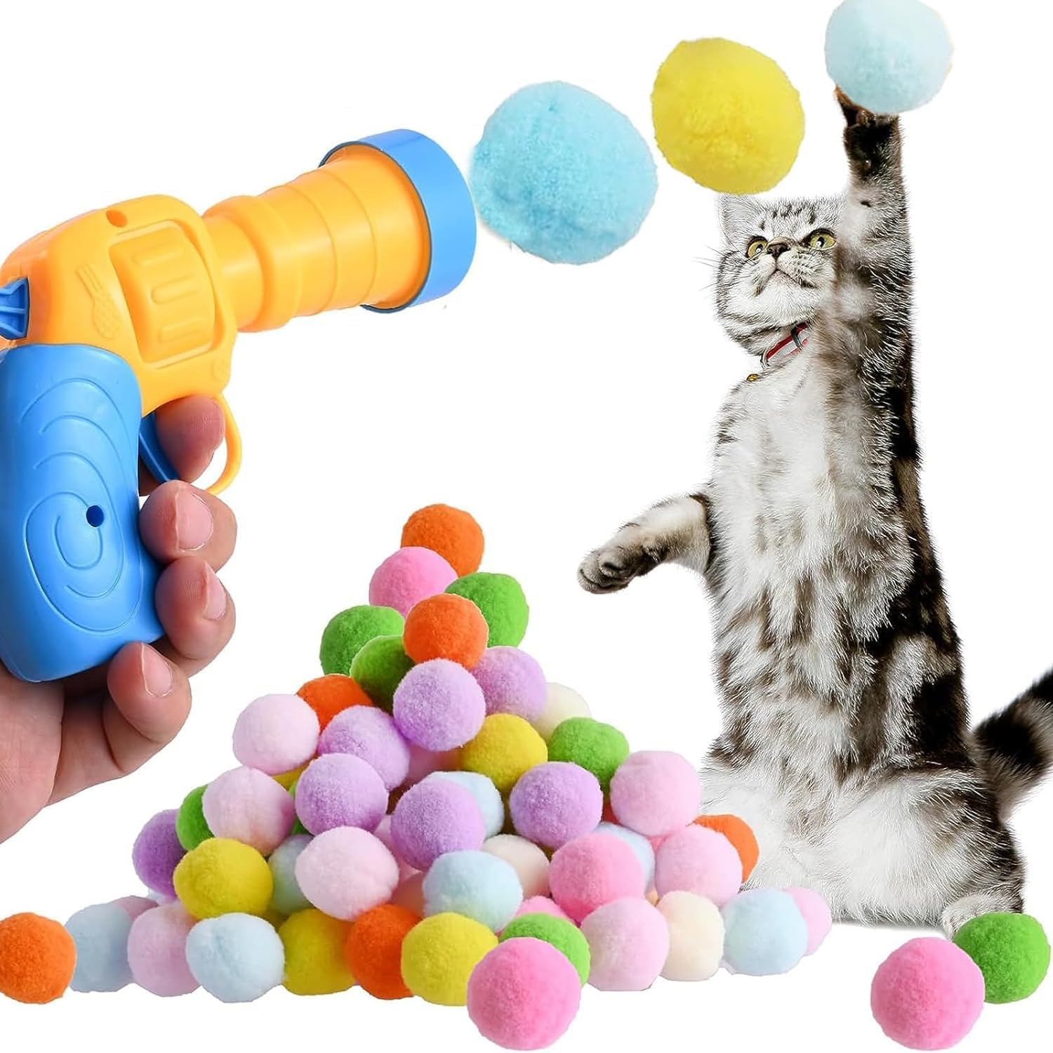 SXFENG Interactive Cat Pom Pom Balls with Launcher - 50pcs Cat Exercise ...