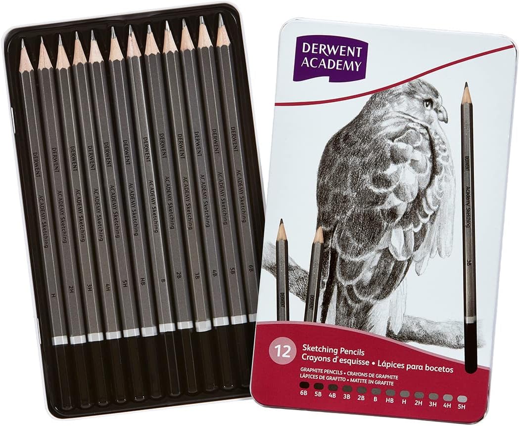 Derwent Academy Sketching Pencils Tin, 6B-5H (Set Of 12), Black ...