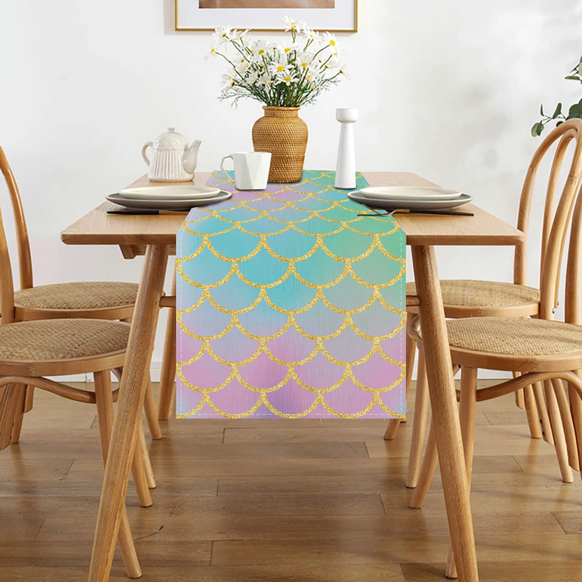 Snapklik.com : Linen Summer Mermaid Table Runner 72 Inches Long Mermaid ...