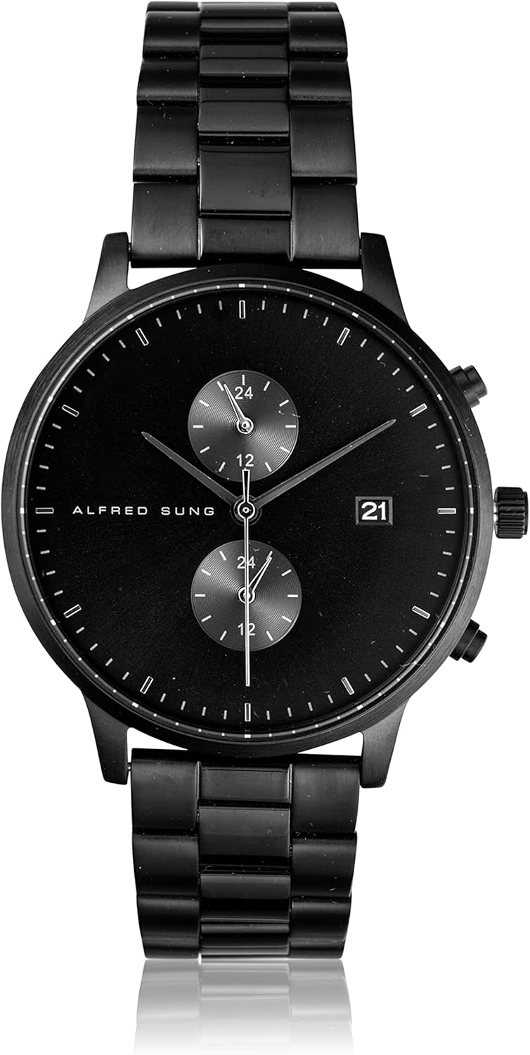 Alfred Sung Men's Dual Time Watch with Date, Black / Black, ASM-7023 ...