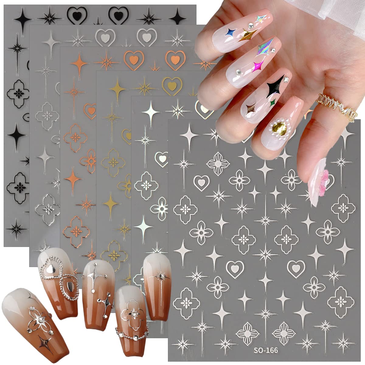 Amazon.com: 6 Sheets Metallic Nail Art Stickers, Stars Nail Decals 3D ...