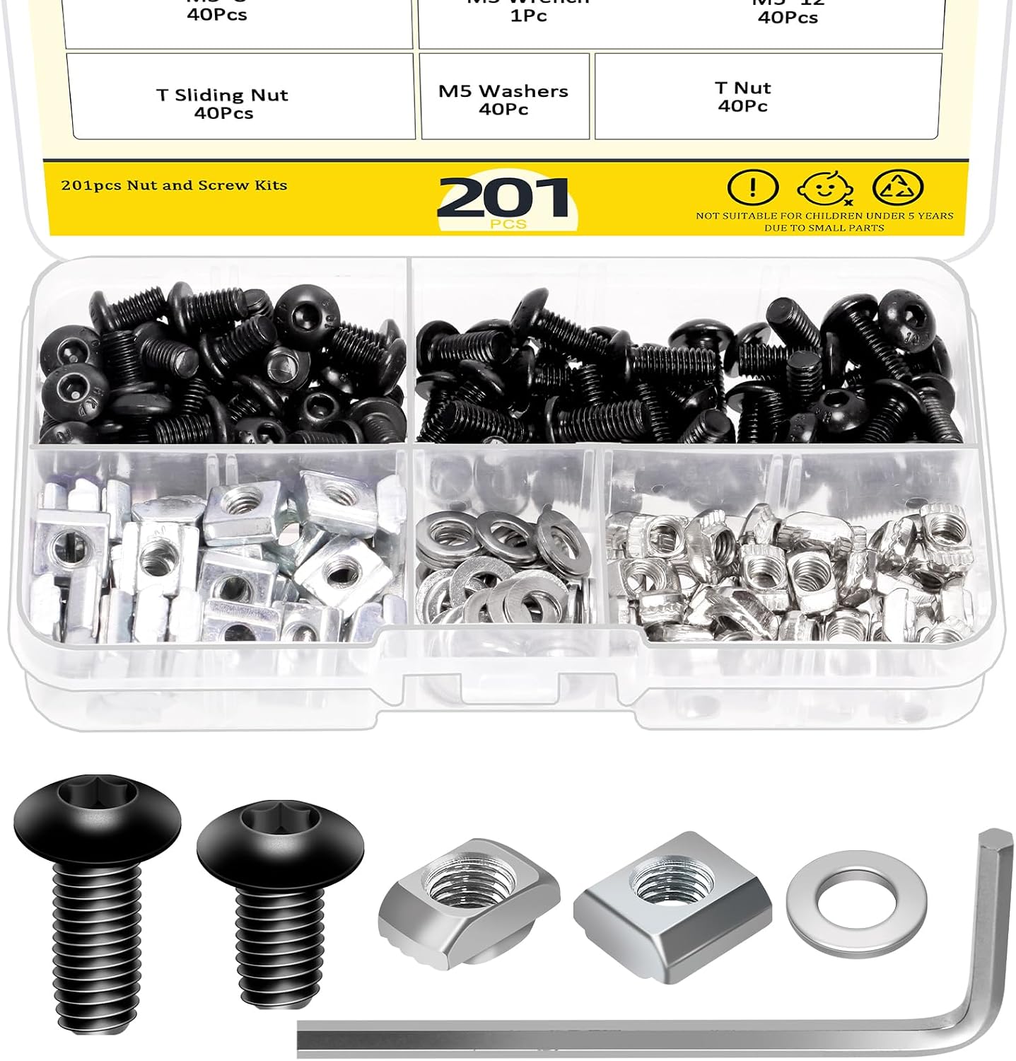 Mardatt M5 T Nuts and Screws Kit, 201Pcs, Black, Carbon Steel, M5 x 8mm ...