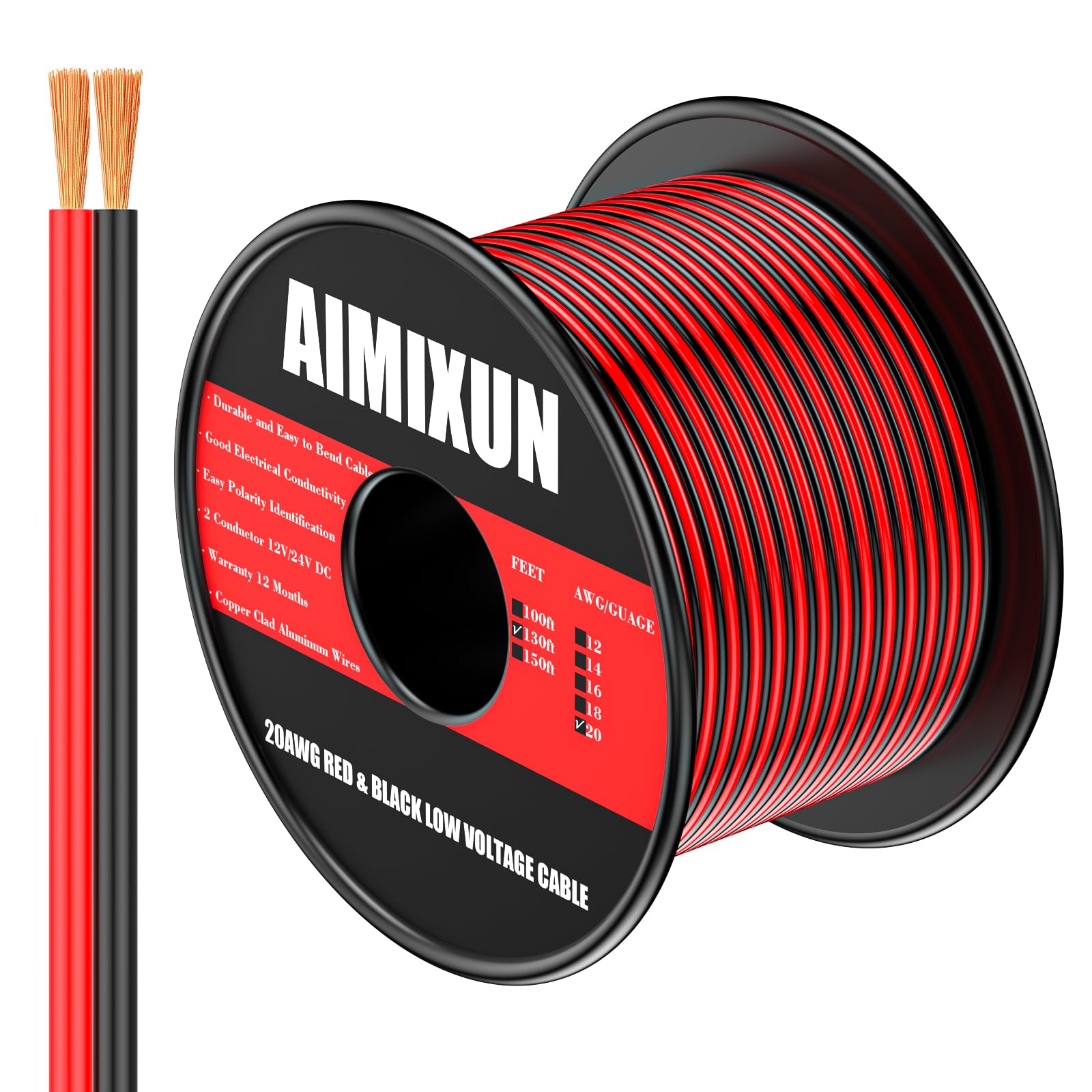 AIMIXUN 130FT 20 Gauge Wire, 20 AWG Wire Red and Black Cable 12V 2 ...