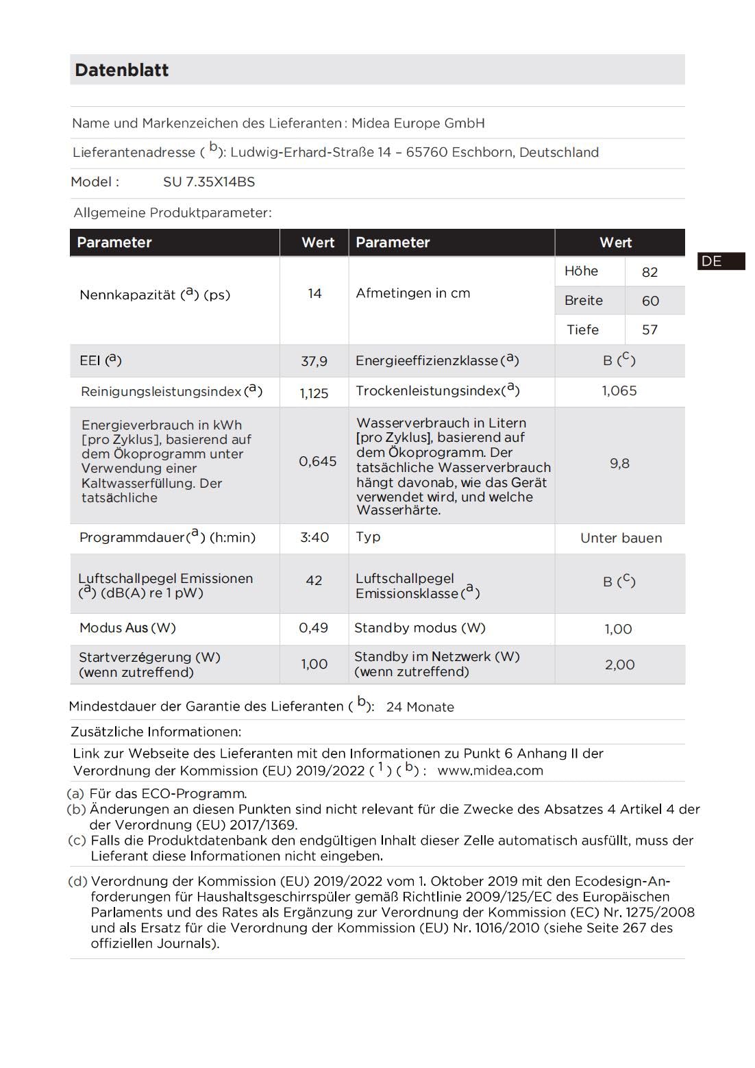Midea SU 7.35X14BS Geschirrspüler 60cm Unterbau, 14 Maßgedecke ...