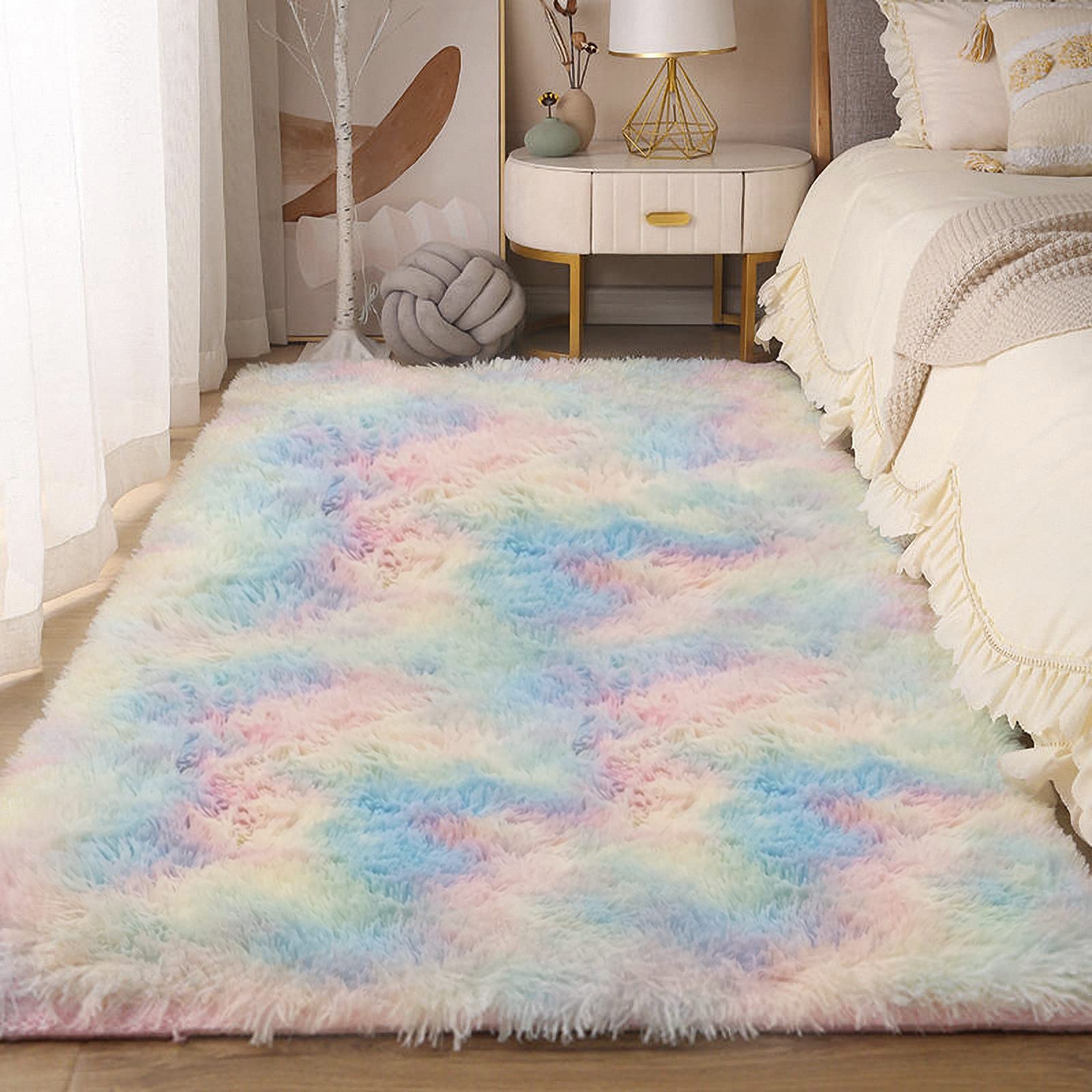 dovfa Rainbow Plush Rug Living Room Bedroom, 4x6 Tie-Dye Rainbow Plush ...