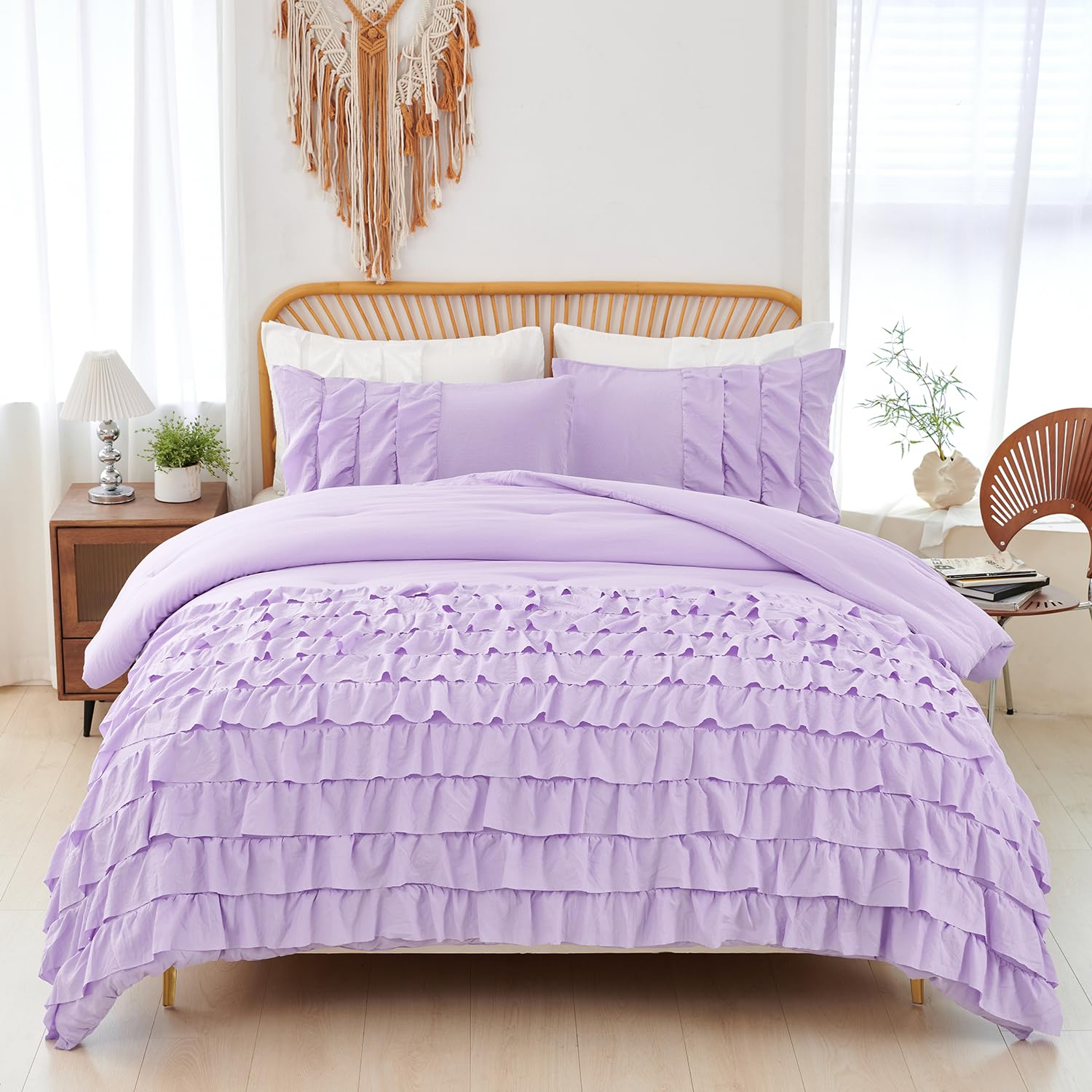 Amazon.com: PERFEMET Lavender Twin Bedding Sets for Girls, 3 Pieces Multi Layers Ruffle ...