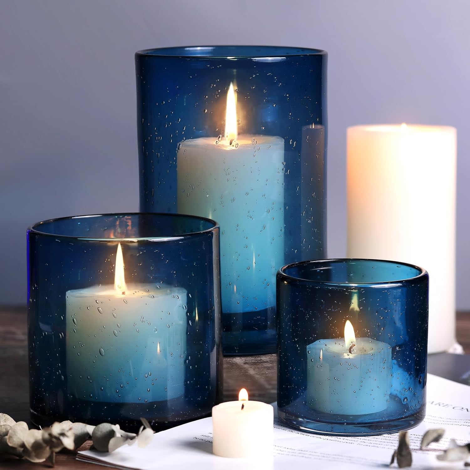 Amazon.com: Hurricane Candle Holder Set of 3 Blue Candle Holders for ...