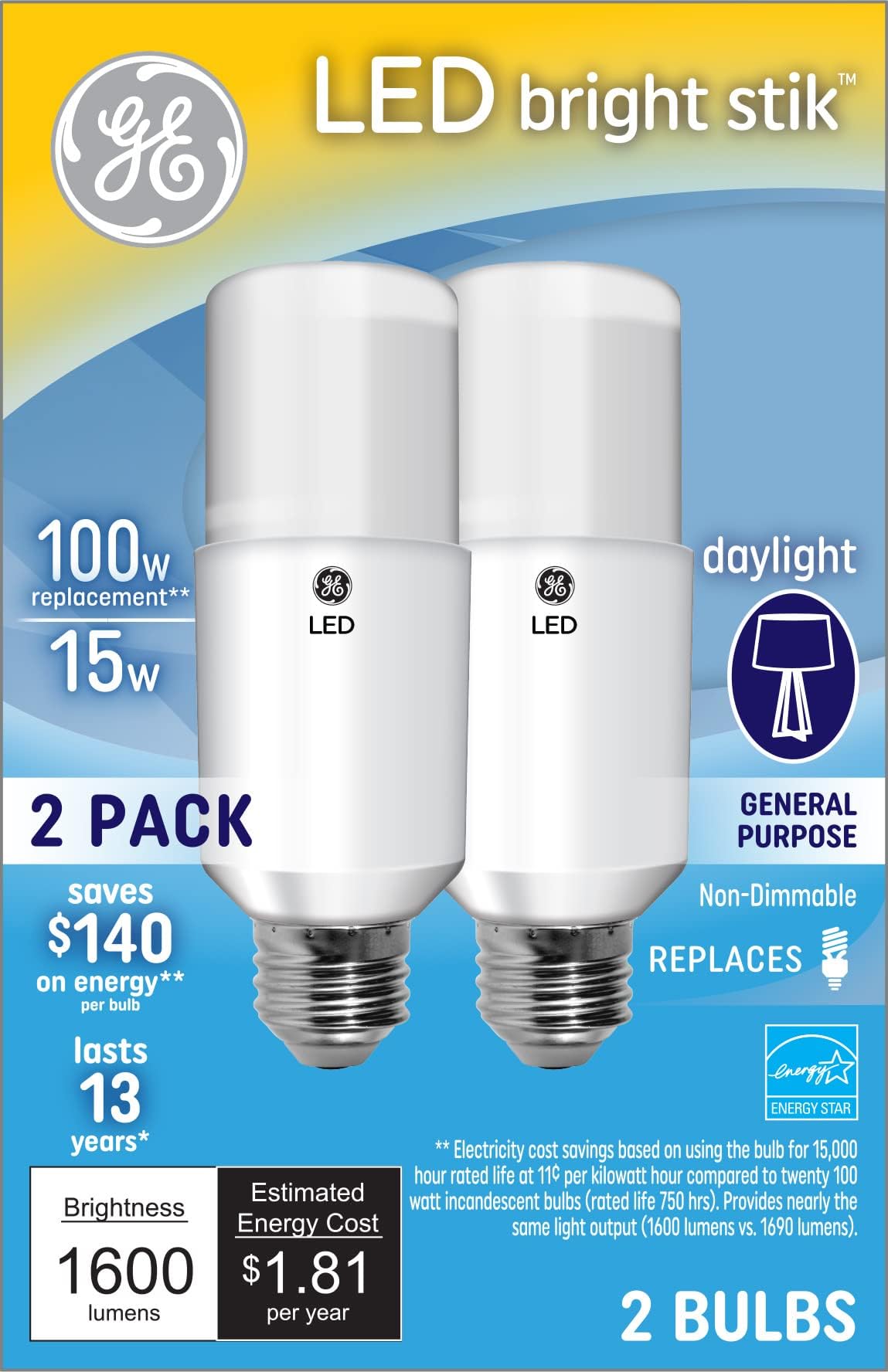 GE LED Bright Stik Light Bulbs, General Purpose Light Bulb, 15 Watt ...