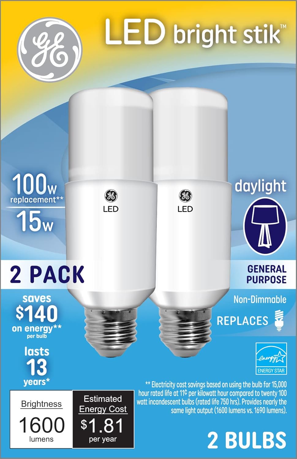 GE LED Bright Stik Light Bulbs, General Purpose Light Bulb, 15 Watt ...