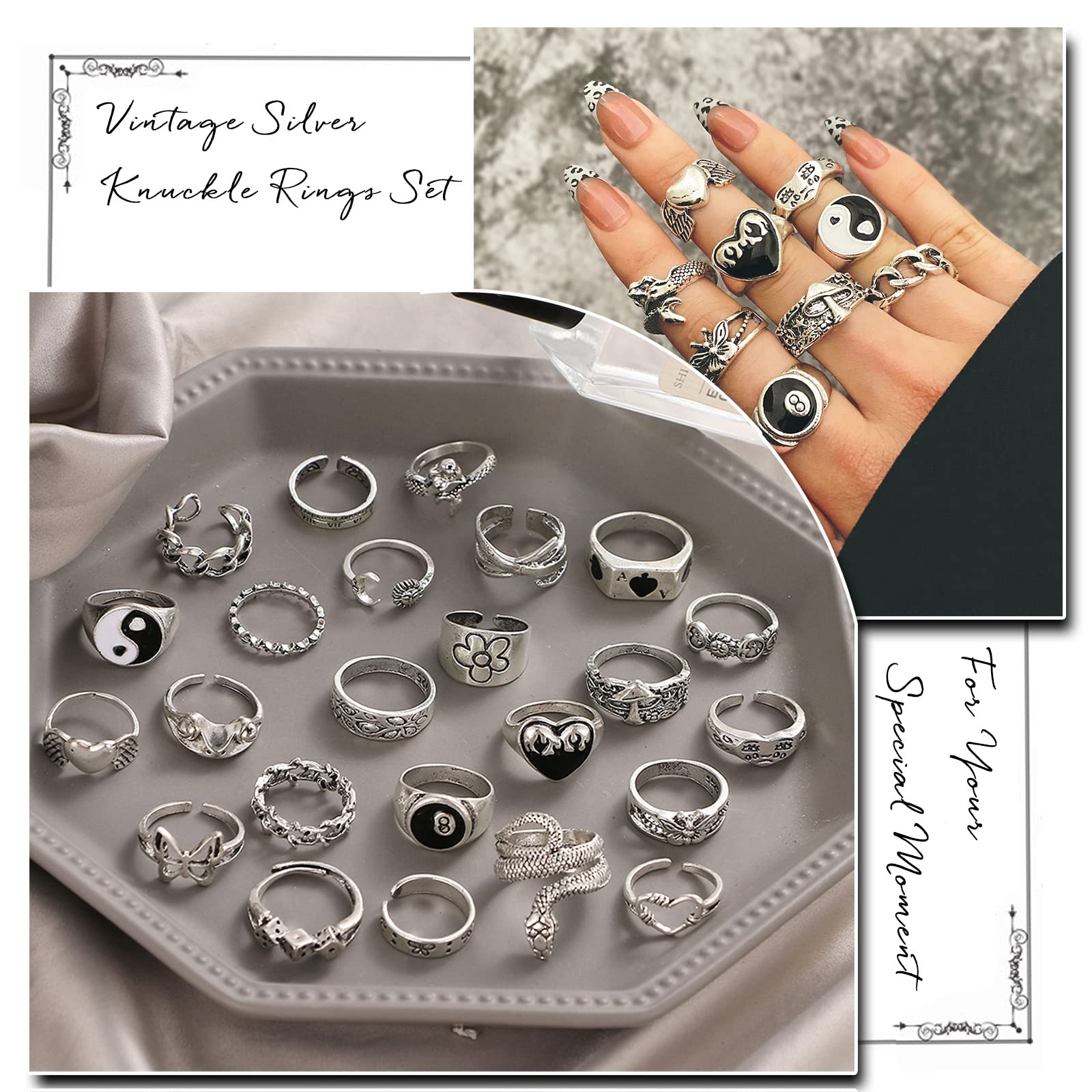 Snapklik.com : IFKM 15-63 PCS Vintage Silver Knuckle Rings Set For ...