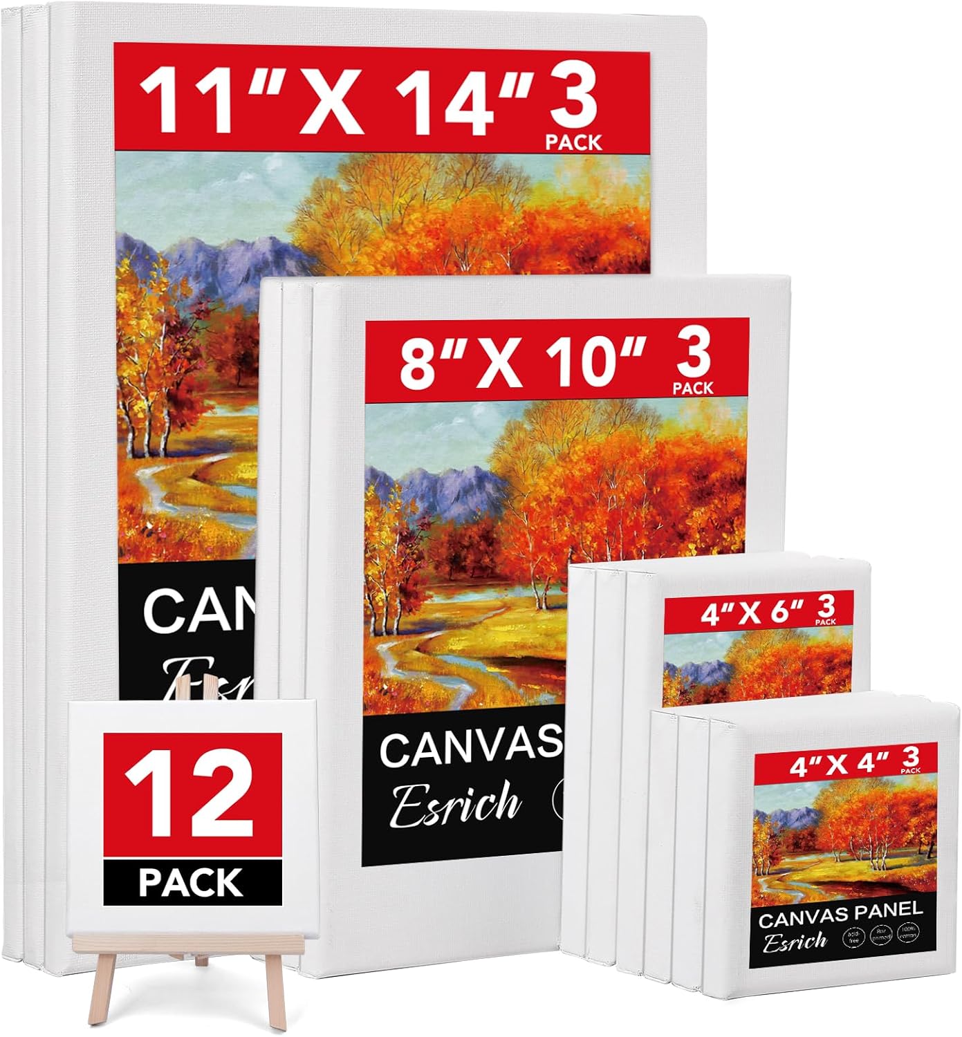 Amazon.com: ESRICH Stretched Canvas for Painting, 12 Pack 4x4, 4x6, 8x10, 11x14(3 of Each ...