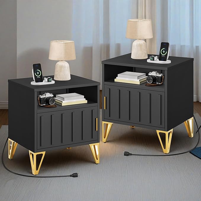 Amazon.com: DWVO Nightstand with Charging Station, Metal Night Stand ...