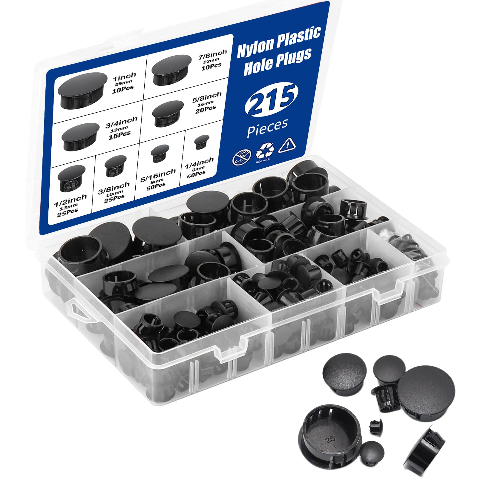 Amazon.com: 215Pcs Nylon Plastic Hole Plugs Kit Black 8 Sizes 1/4" 5/16 ...