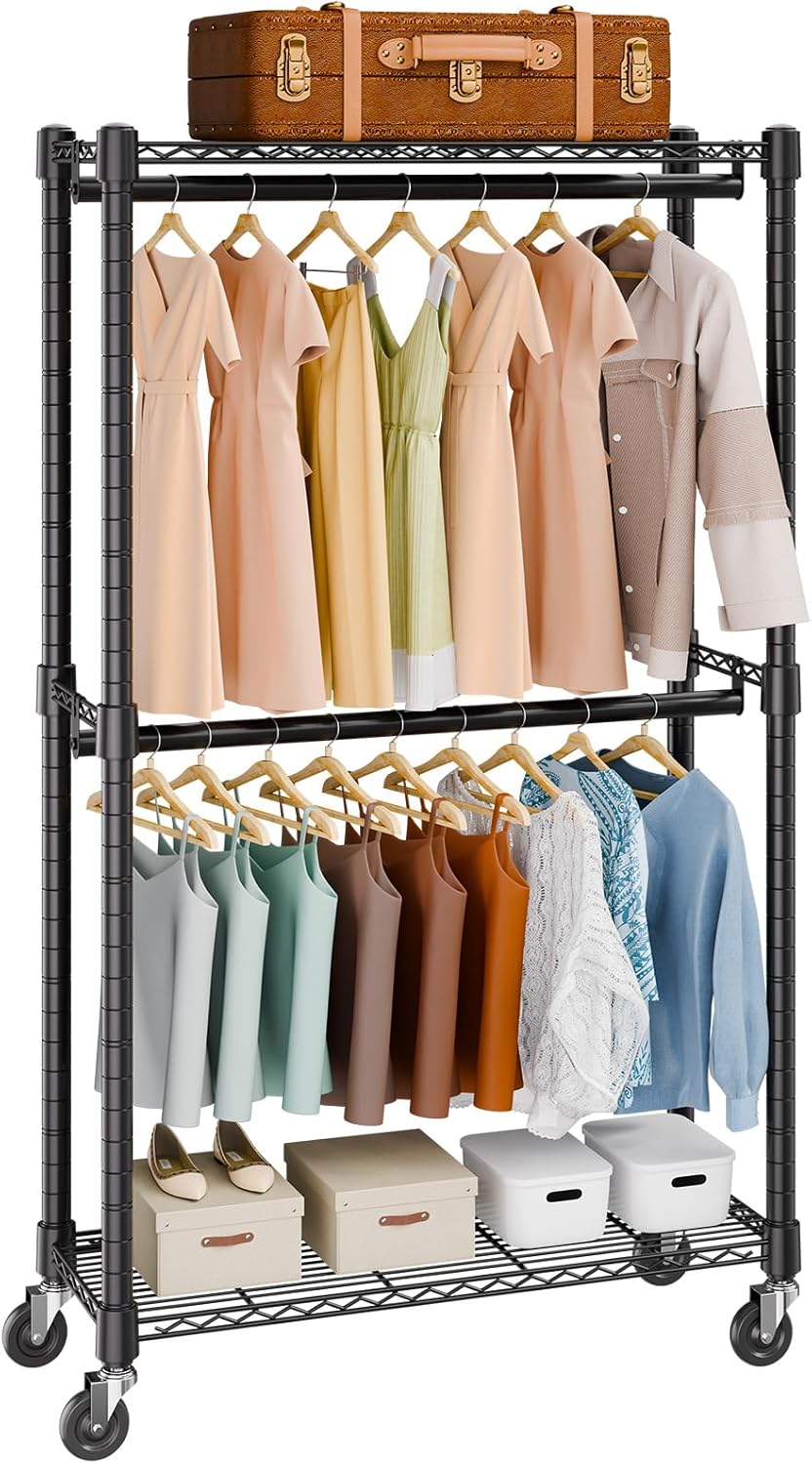 VEVOR Heavy Duty Clothes Rack, Double Hanging Rods Clothing Garment ...