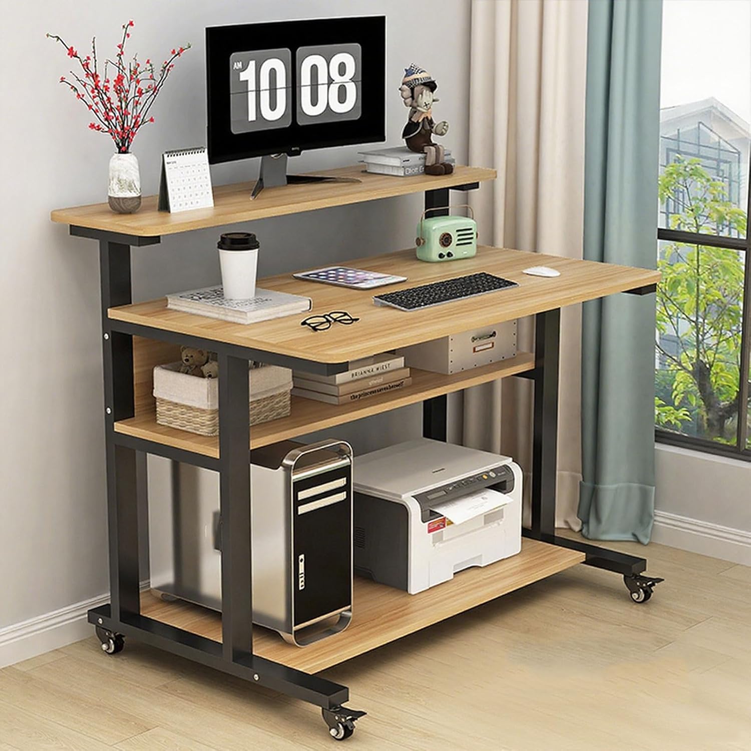 Rolling Computer Desk with Storage Rack,Industrial Small Desks,Mobile ...