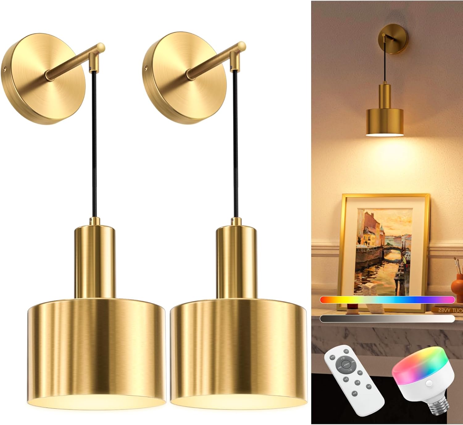 NIORSUN Battery Operated Wall Sconce Set of 2, Gold Wireless Rechargeable Wall Lights with ...