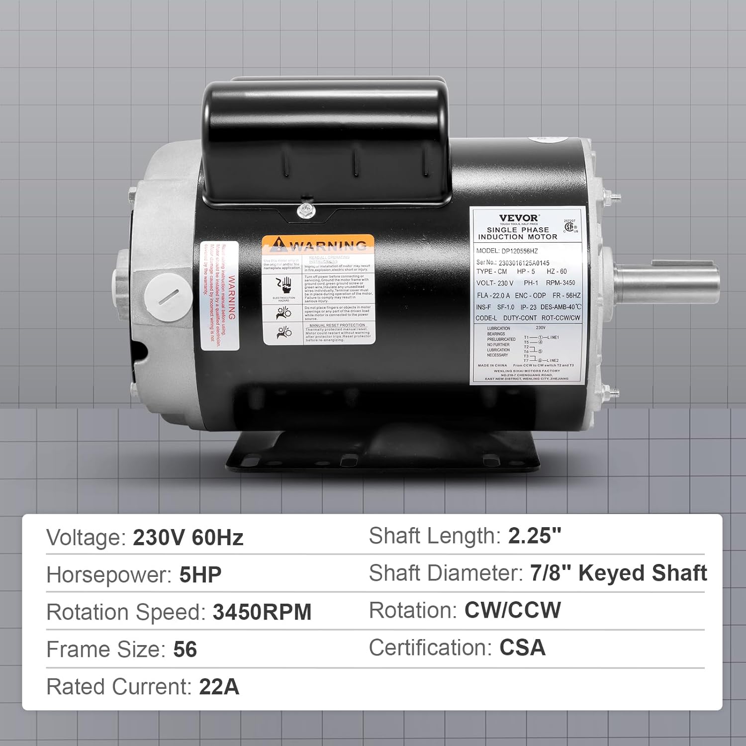 VEVOR Motor de compresor de aire de 5 HP, motor eléctrico de 3450 RPM ...