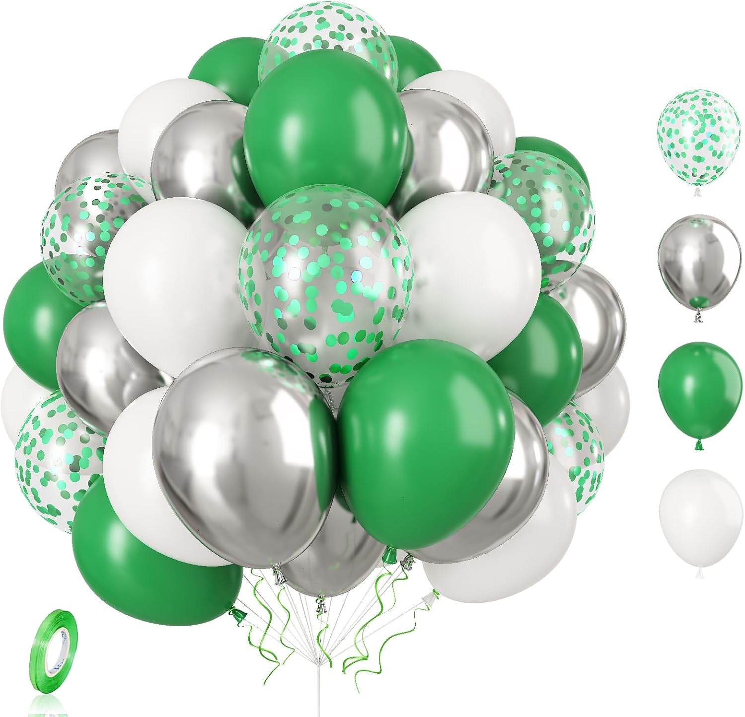 Globos verdes y blancos, 60 globos verdes y plateados con confeti verde ...