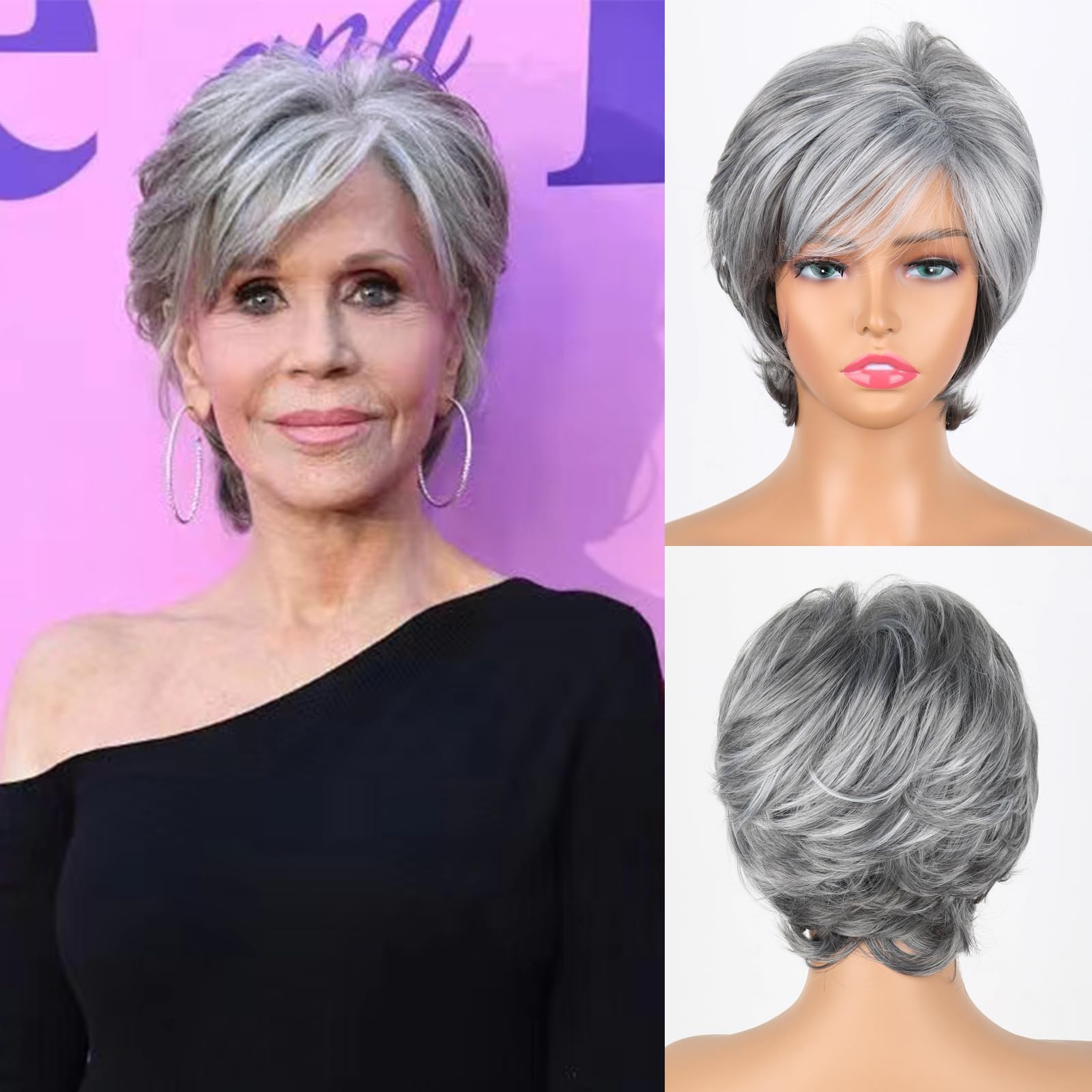 Amazon.com : LEOSA Short Silver Ombre Gray Curly Wig Layered Curly ...