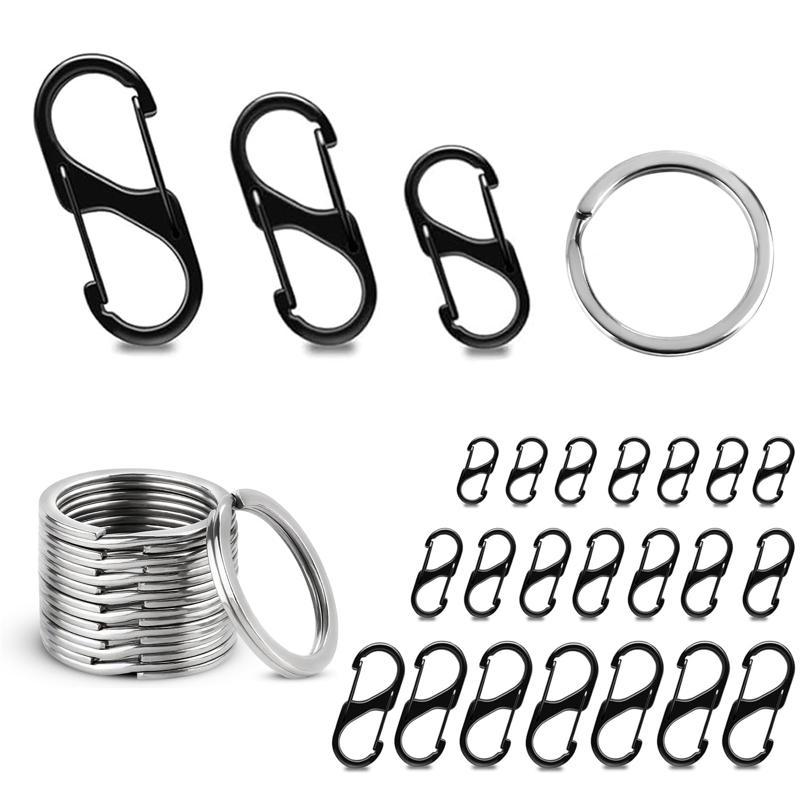 24 Pcs S Carabiners (Large, Medium, Small) 10Pcs Flat Round Key Rings ...
