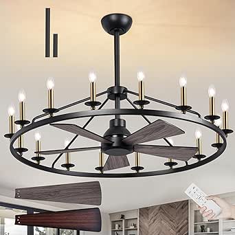 44" Black and Gold Wagon Wheel Ceiling Fan with Lights and Remote, 16 ...