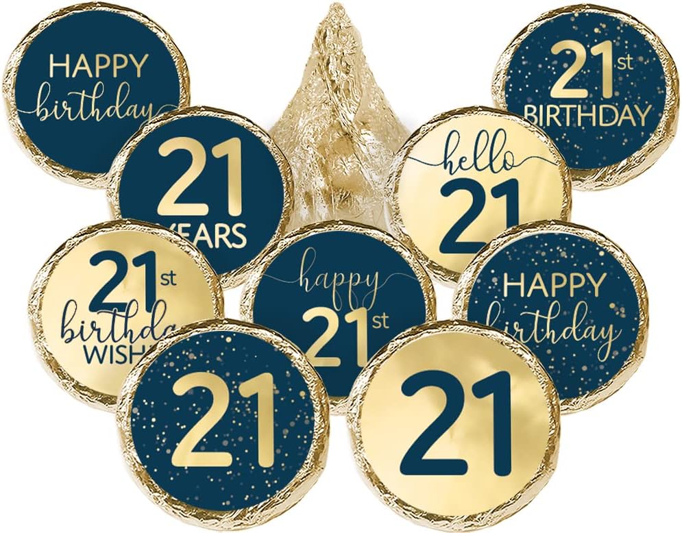 Amazon.com: 21st Birthday Party Favor Stickers – 180 Navy Blue and Gold ...