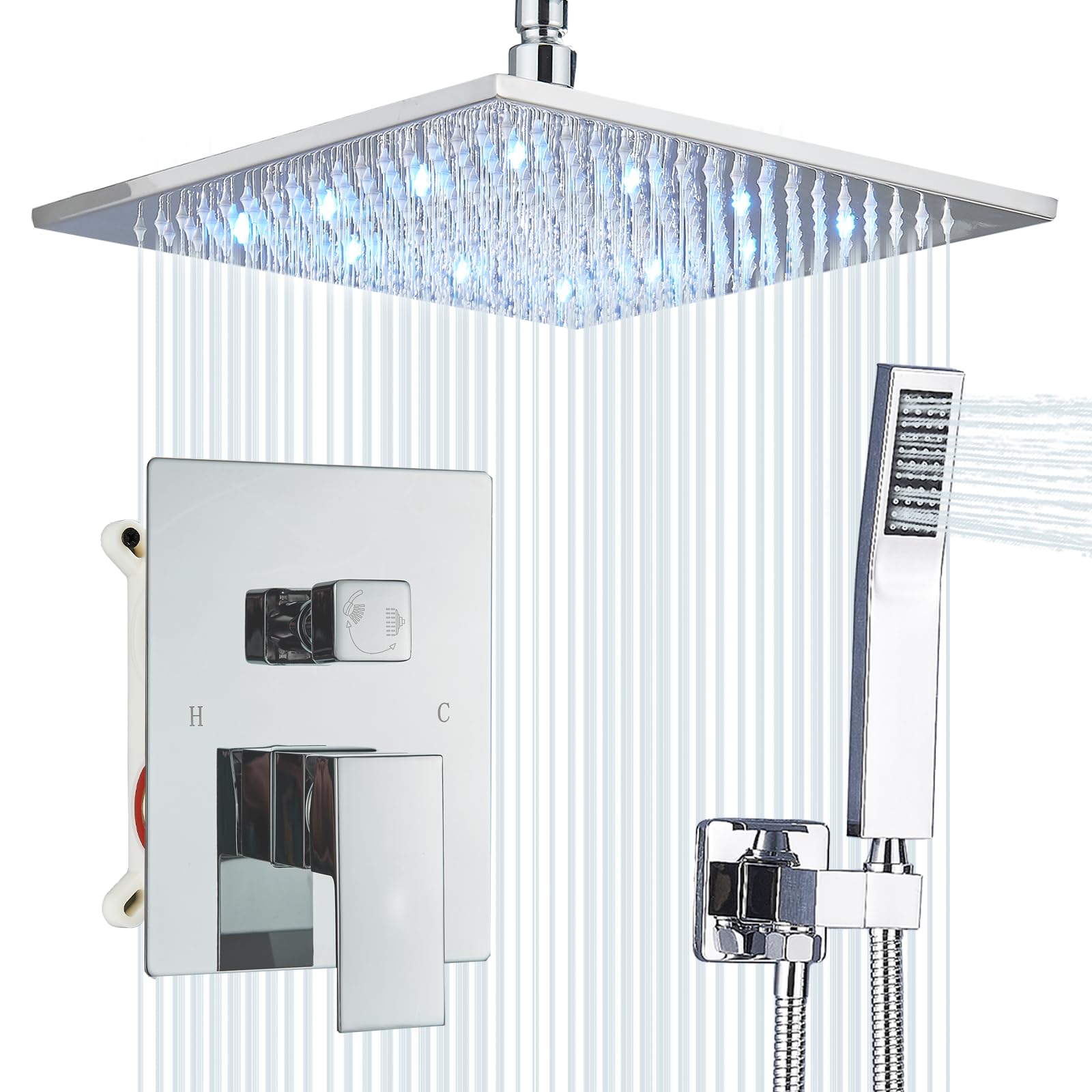 Ceiling Mount Shower Faucet Set 12 Inch LED Rainfall Shower Head ...