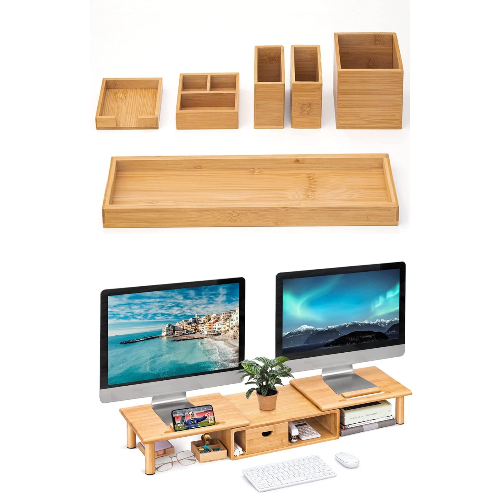 Amazon.com: Bamboo Vanity Tray and Bamboo Dual Monitor Stand Riser ...