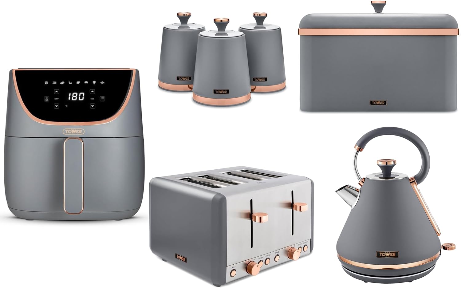 Tower Cavaletto Grey 1.7L 3KW Pyramid Kettle, 4 Slice 1800W Toaster, 6L ...