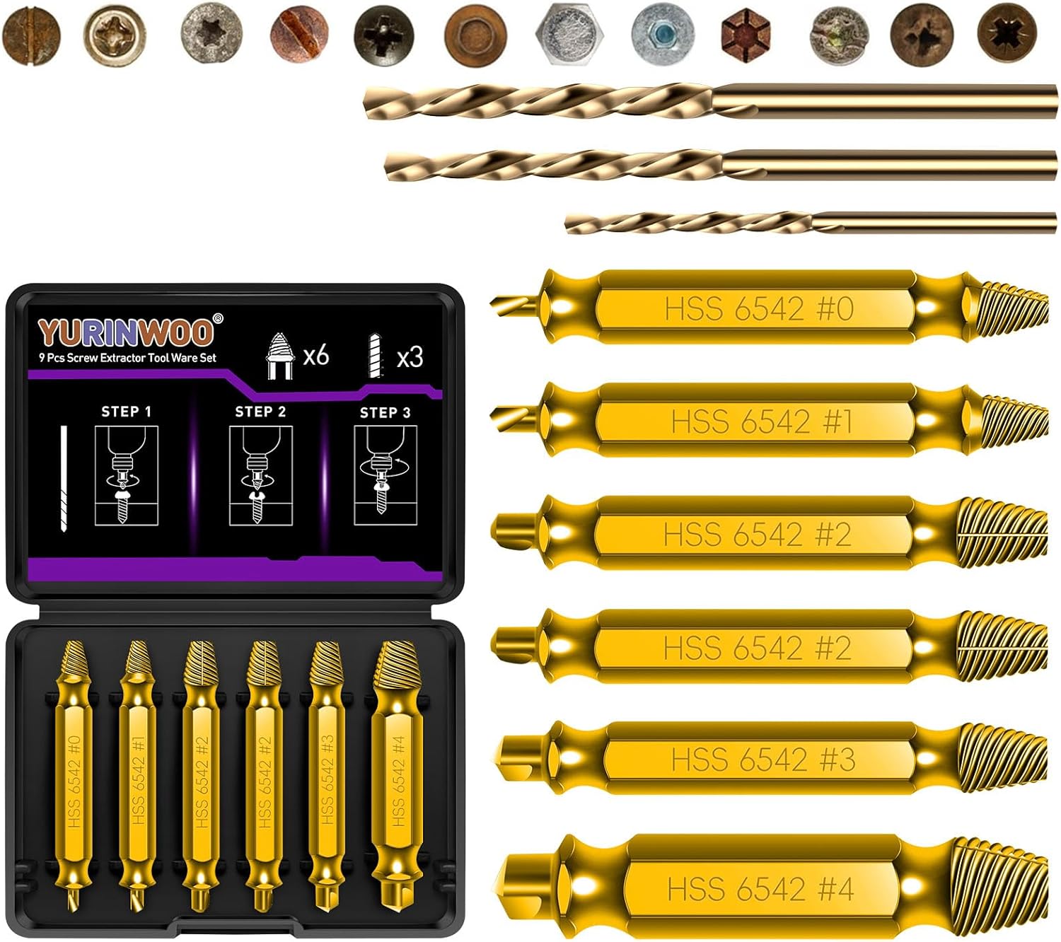 9PCS Gold Titanium-Plated Screw Extractor Set, Hardness is 80 HRC ...