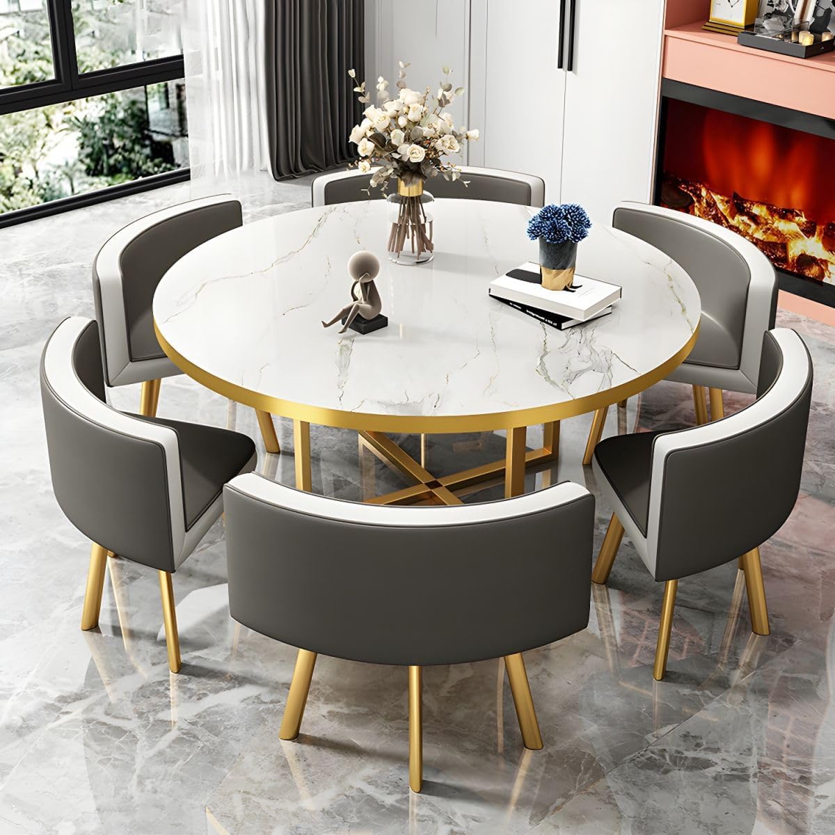 Amazon.com - CraftThink Dining Set, Modern Round Dining Set in White Wood with Metal Trestle ...