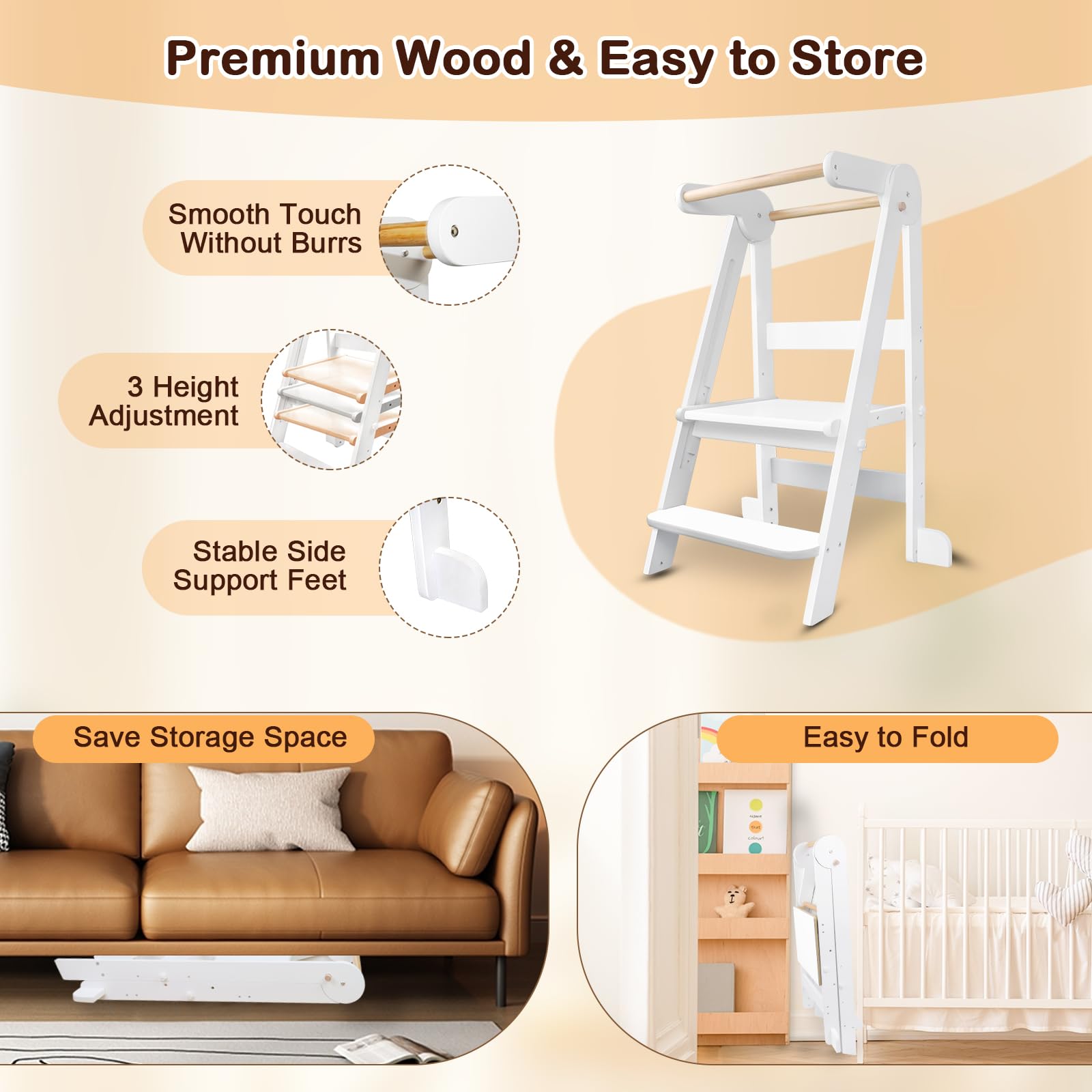 Snapklik.com : Foldable Toddler Kitchen Tower Step Stool, Standing Tower
