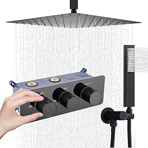 NPYSVSSS Black Shower System 12 Inch Ceiling Mount Dual Function Shower Faucet System Set with ...