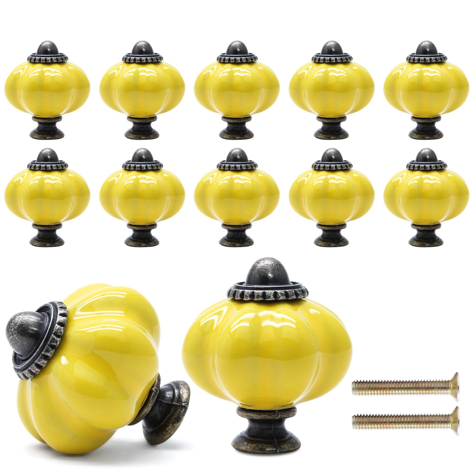 Cionyce 12 Pack Yellow Pumpkin Knobs Ceramic Cabinet Knobs Retro ...