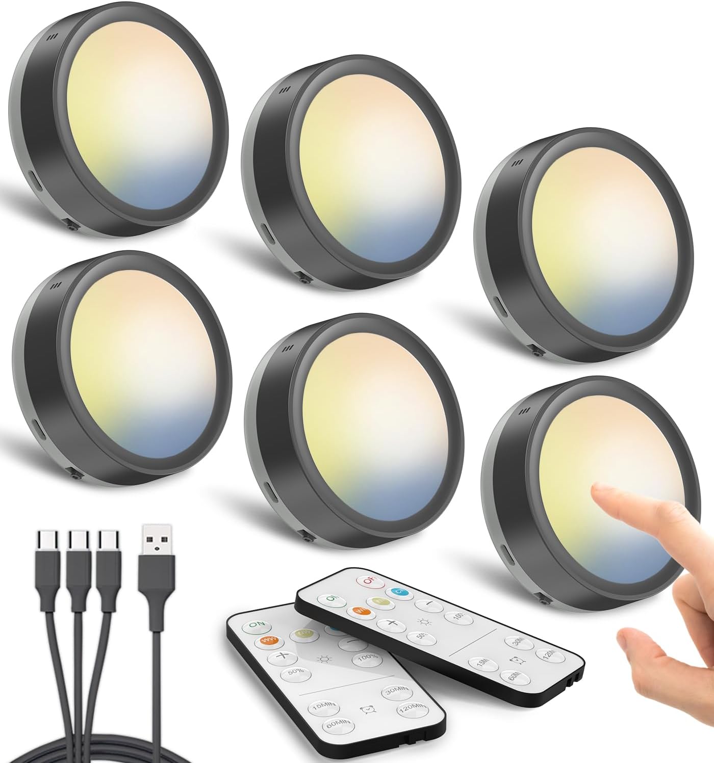 Rechargeable Puck Lights with Remote Control, Black 1600mAh Battery ...