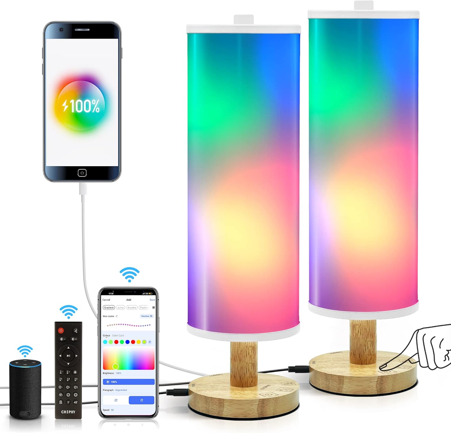 chiphy Table Lamps Set of 2, Smart Table Lamp RGB Color Changing Lamps ...